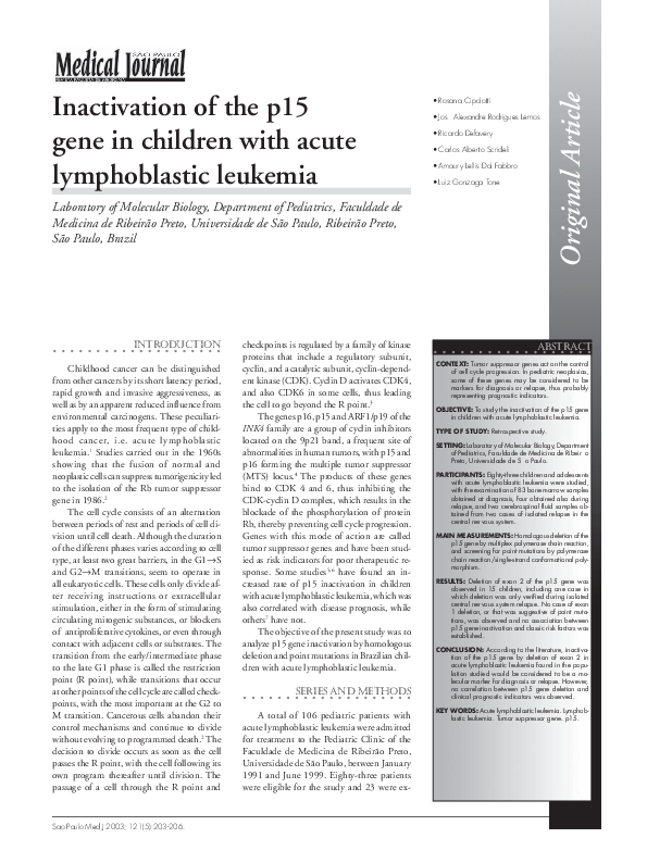(PDF) Inactivation of the p15 gene in children with acute lymphoblastic ...