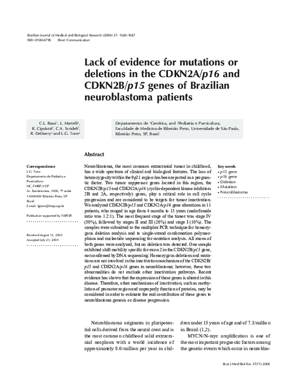 (PDF) Lack of evidence for mutations or deletions in the CDKN2A/p16 and ...