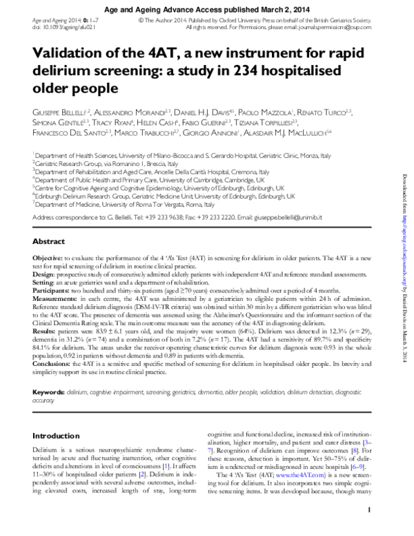 (PDF) Validation of the 4AT, a new instrument for rapid delirium ...