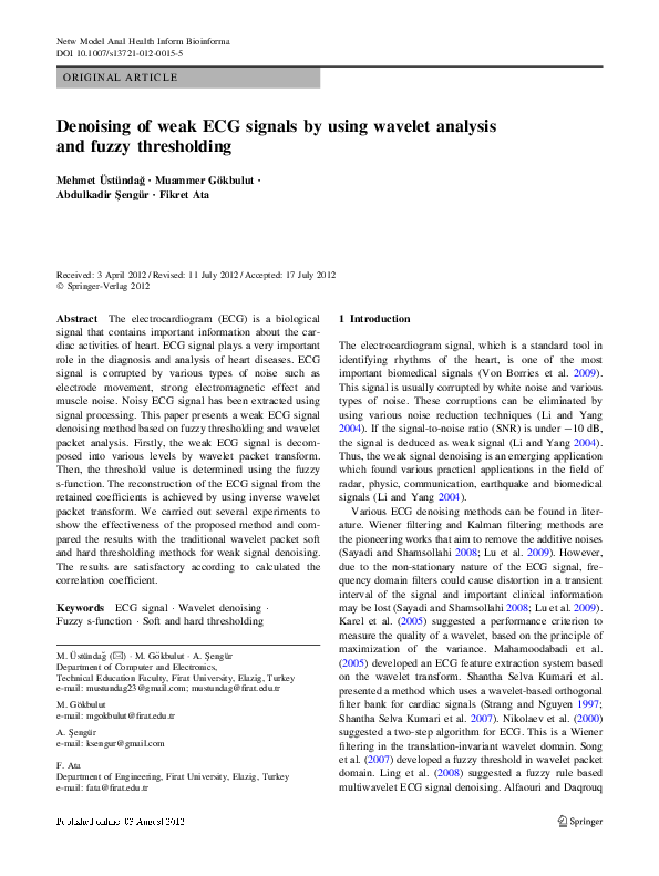 Pdf Denoising Of Weak Ecg Signals By Using Wavelet Analysis And Fuzzy