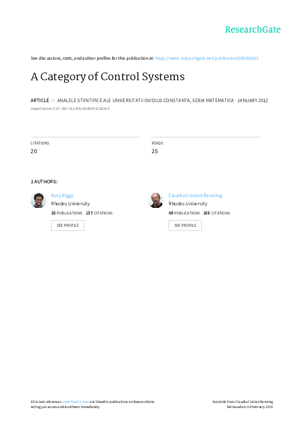 (PDF) A Category of Control Systems