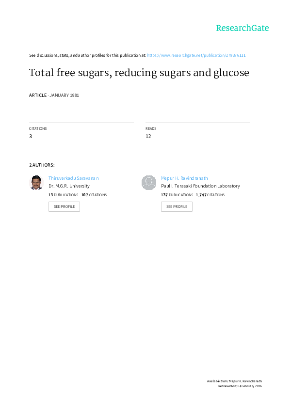 (PDF) Total free sugars, reducing sugars and glucose