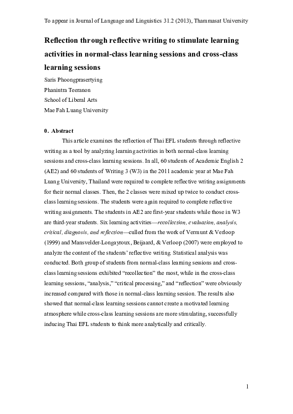 (PDF) Reflection through reflective writing to stimulate learning ...