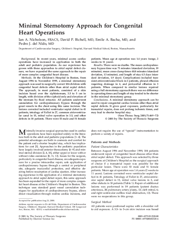 (PDF) Minimal sternotomy approach for congenital heart operations
