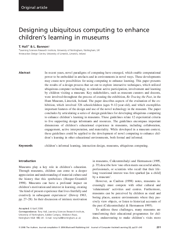 (PDF) Designing ubiquitous computing to enhance children's learning in museums