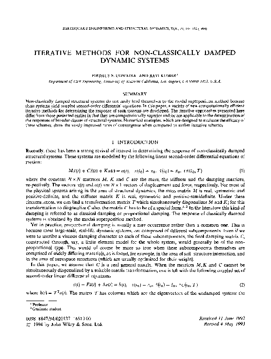 Pdf Iterative Methods For Non Classically Damped Dynamic Systems