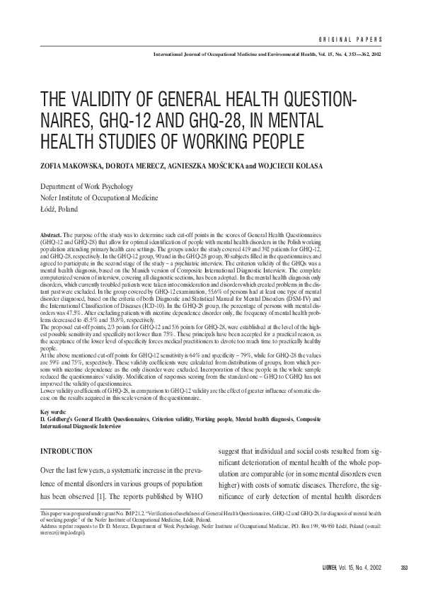 (PDF) The validity of General Health Questionnaires, GHQ-12 and GHQ-28 ...