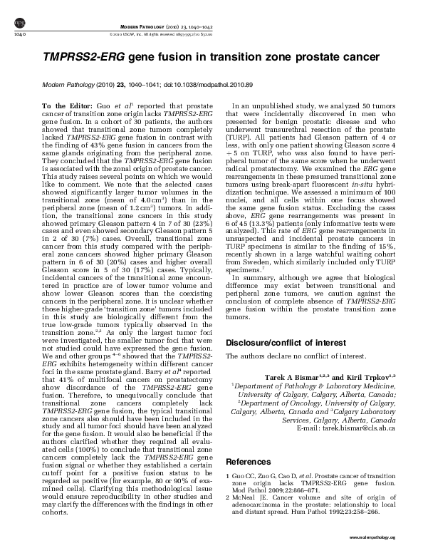 TMPRSS2-ERG gene fusion in transition zone prostate cancer
