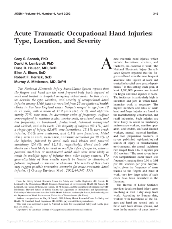 (PDF) Acute Traumatic Occupational Hand Injuries: Type, Location, and ...