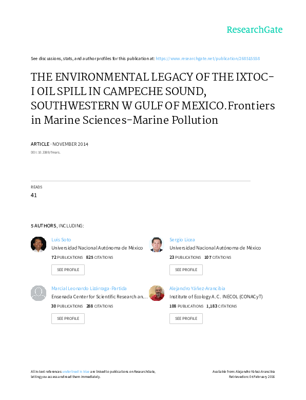 (PDF) THE ENVIRONMENTAL LEGACY OF THE IXTOC-I OIL SPILL IN CAMPECHE ...