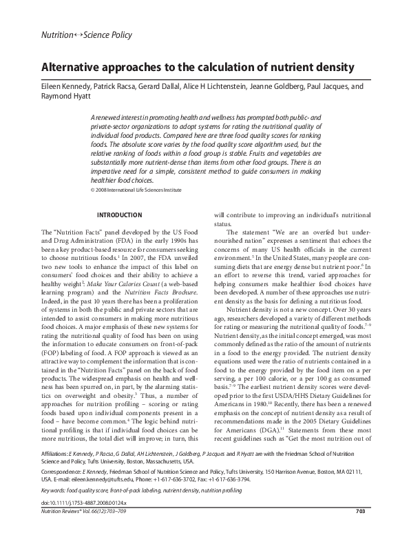 (PDF) Alternative approaches to the calculation of nutrient density