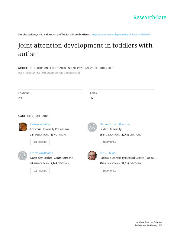 (PDF) Joint attention development in toddlers with autism