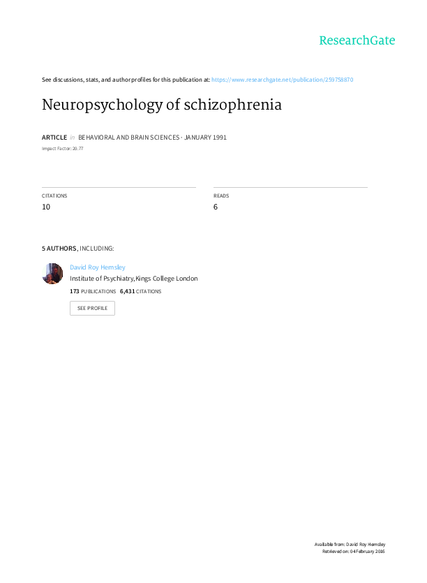 (PDF) Neuropsychology of schizophrenia | David Hemsley - Academia.edu