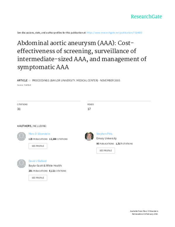 (PDF) Abdominal aortic aneurysm (AAA): cost-effectiveness of screening ...