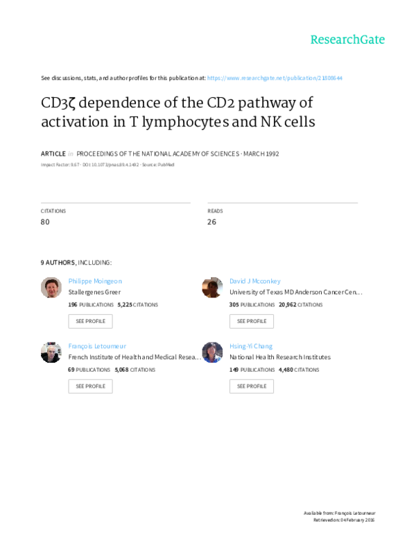 (PDF) CD3 zeta dependence of the CD2 pathway of activation in T ...