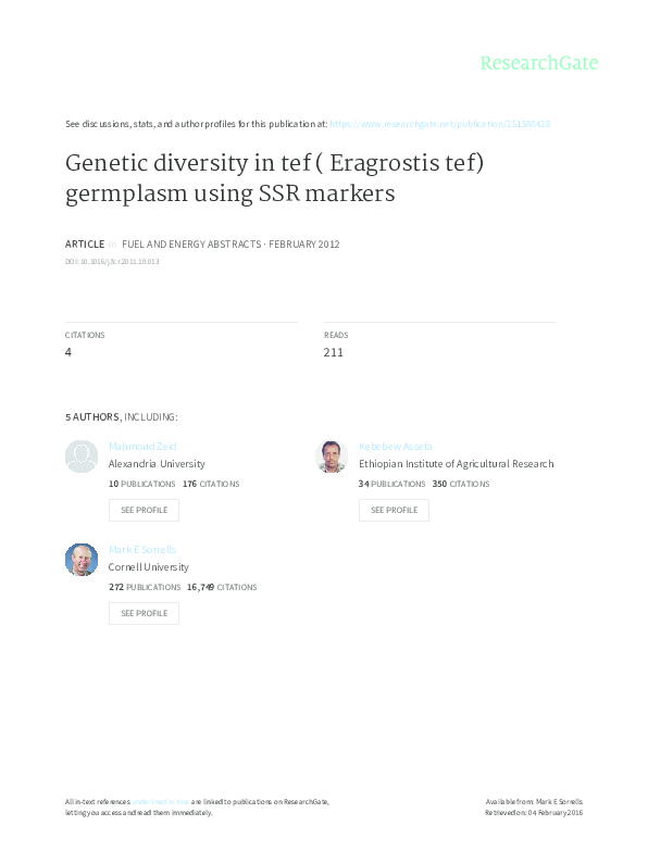 (PDF) Genetic diversity in tef (Eragrostis tef) germplasm using SSR markers