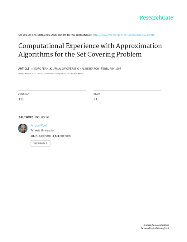 (PDF) Computational Experience with Approximation Algorithms for the Set Covering Problem