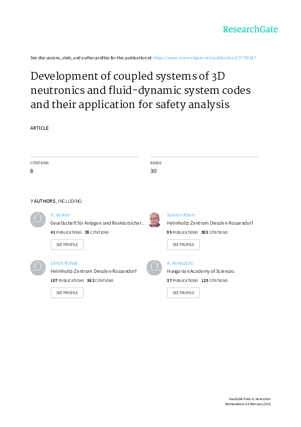 (PDF) Development of coupled systems of 3D neutronics and fluid-dynamic system codes and their ...