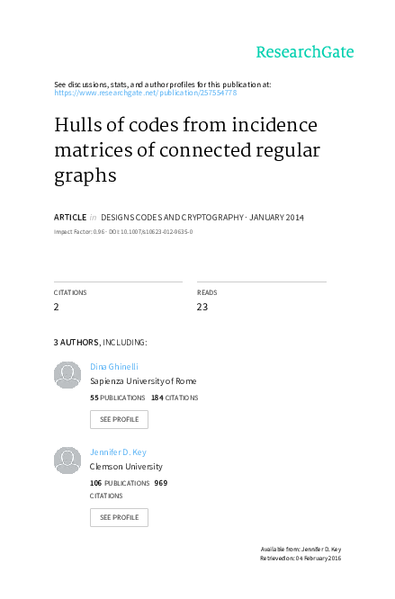 (PDF) Hulls of codes from incidence matrices of connected regular graphs
