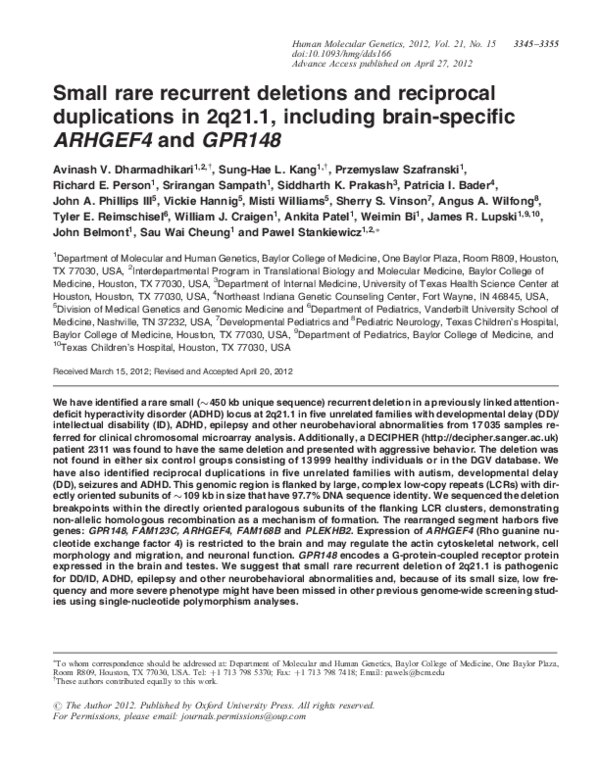 (PDF) Small rare recurrent deletions and reciprocal duplications in ...
