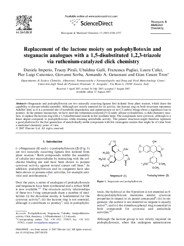 (PDF) Replacement of the lactone moiety on podophyllotoxin and ...