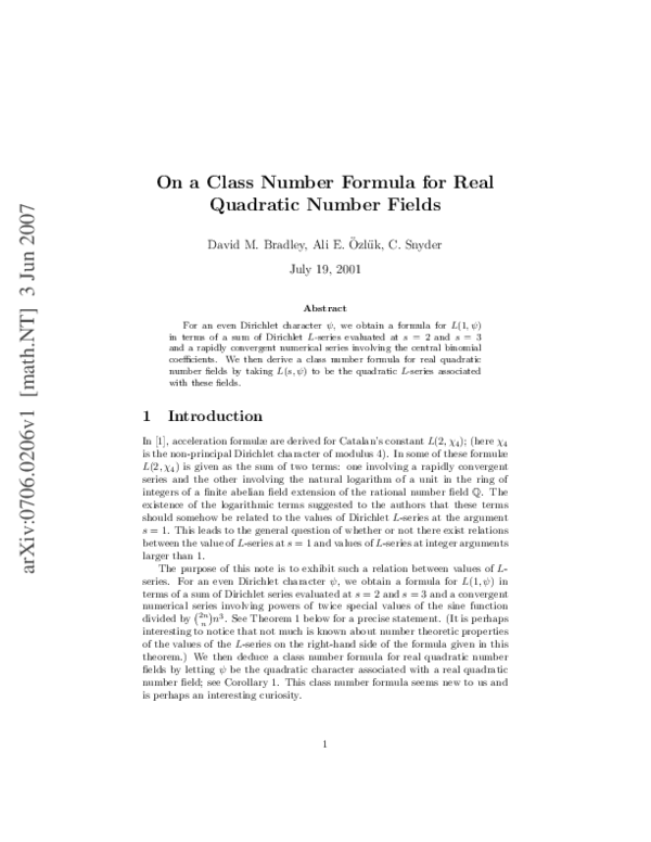 Pdf On A Class Number Formula For Real Quadratic Number Fields