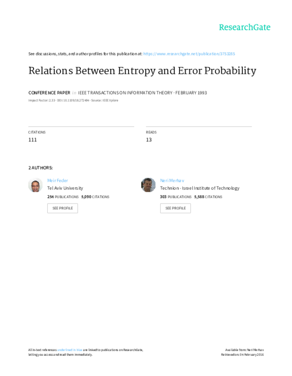(PDF) Relations between entropy and error probability