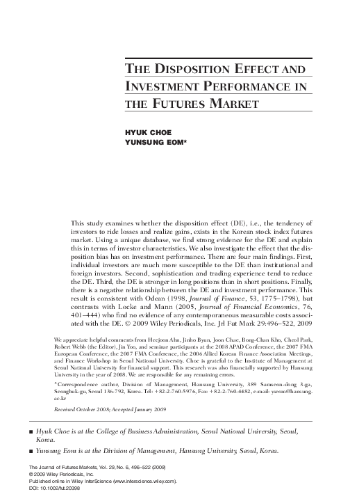 (PDF) The disposition effect and investment performance in the futures ...