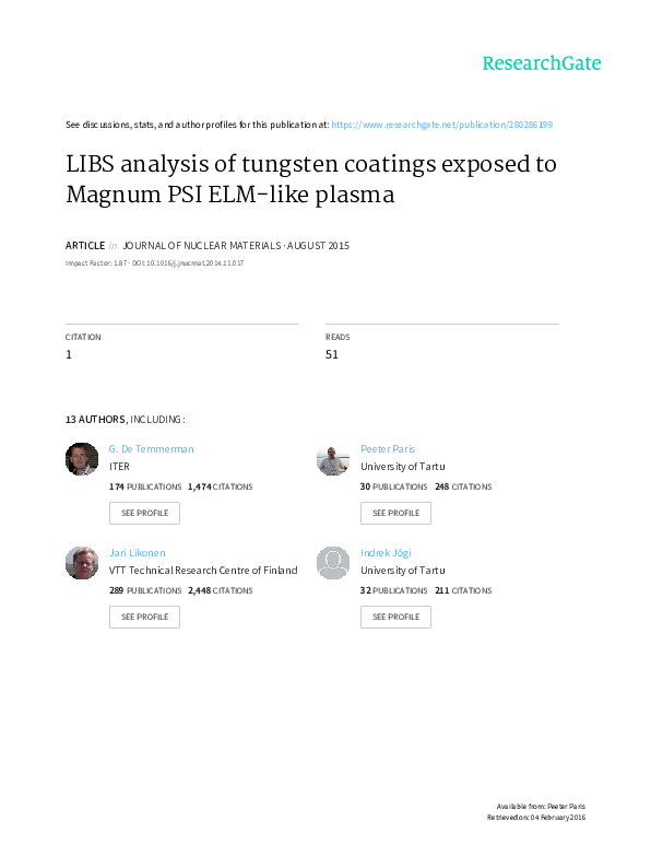 (PDF) LIBS analysis of tungsten coatings exposed to Magnum PSI ELM-like ...