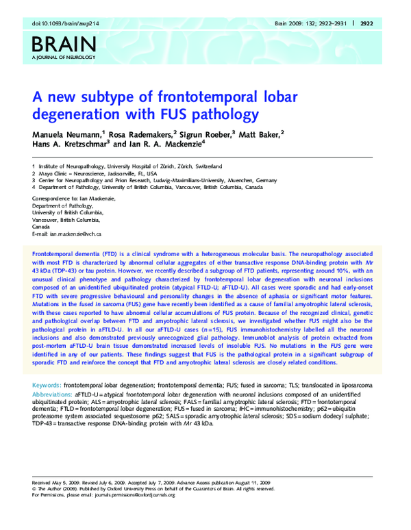 (PDF) A new subtype of frontotemporal lobar degeneration with FUS pathology
