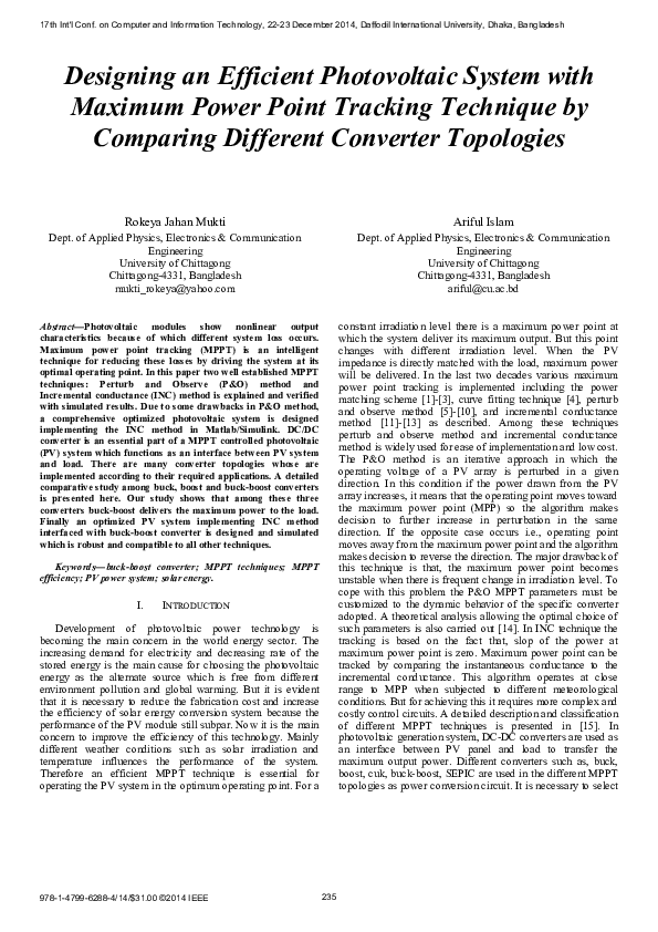 Pdf Designing An Efficient Photovoltaic System With Maximum Power Point Tracking Technique By 7515