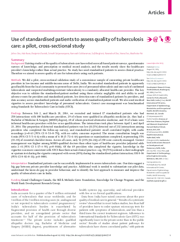 (PDF) Use of standardised patients to assess quality of tuberculosis ...