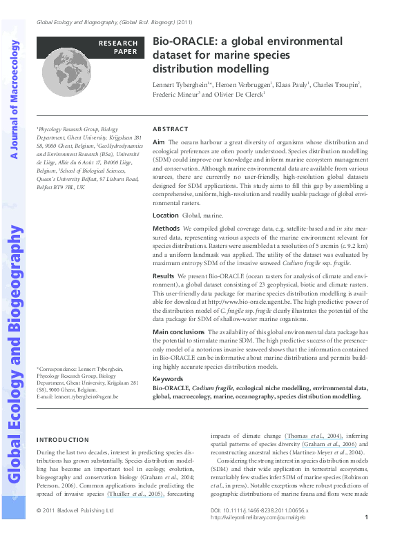 (PDF) Bio-ORACLE: a global environmental dataset for marine species ...