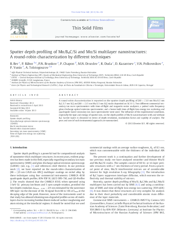 (PDF) Sputter depth profiling of Mo/B4C/Si and Mo/Si multilayer ...
