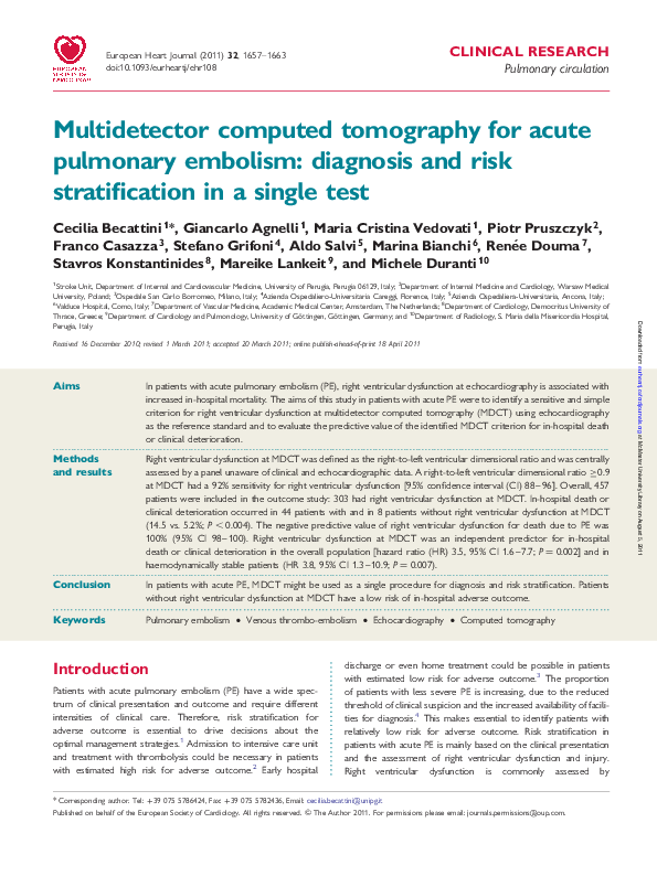 (PDF) Multidetector computed tomography for acute pulmonary embolism ...