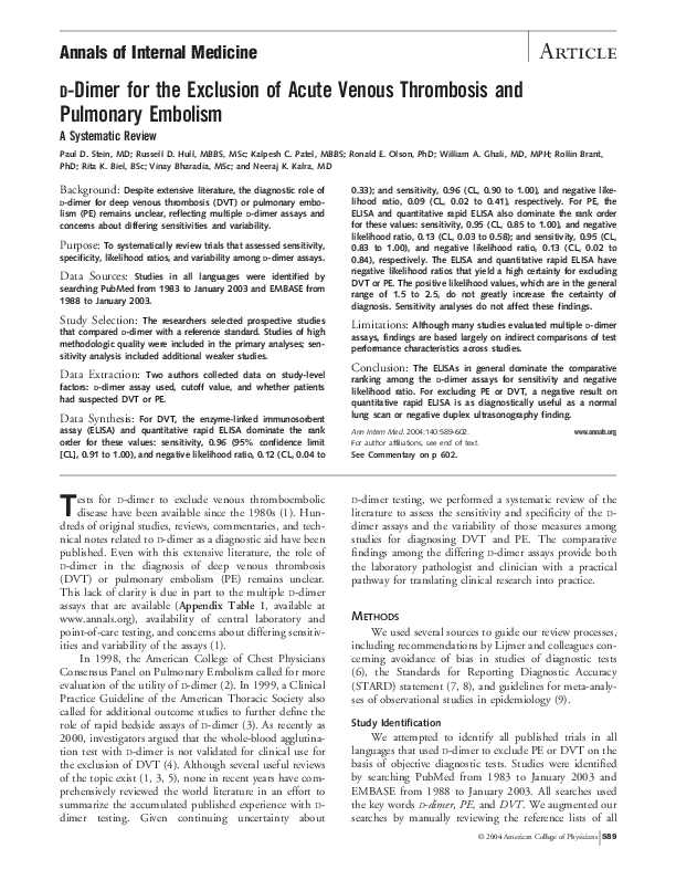 (PDF) d -Dimer for the Exclusion of Acute Venous Thrombosis and ...