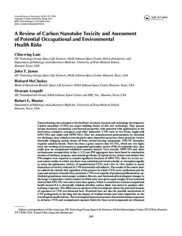 (PDF) A Review of Carbon Nanotube Toxicity and Assessment of Potential Occupational and ...