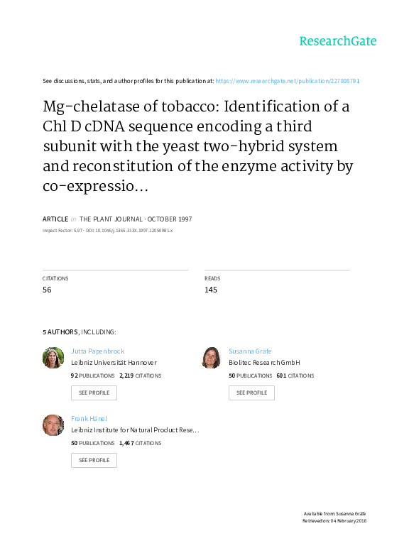 (PDF) Mg-chelatase of tobacco: identification of a Chl D cDNA sequence encoding a third subunit ...