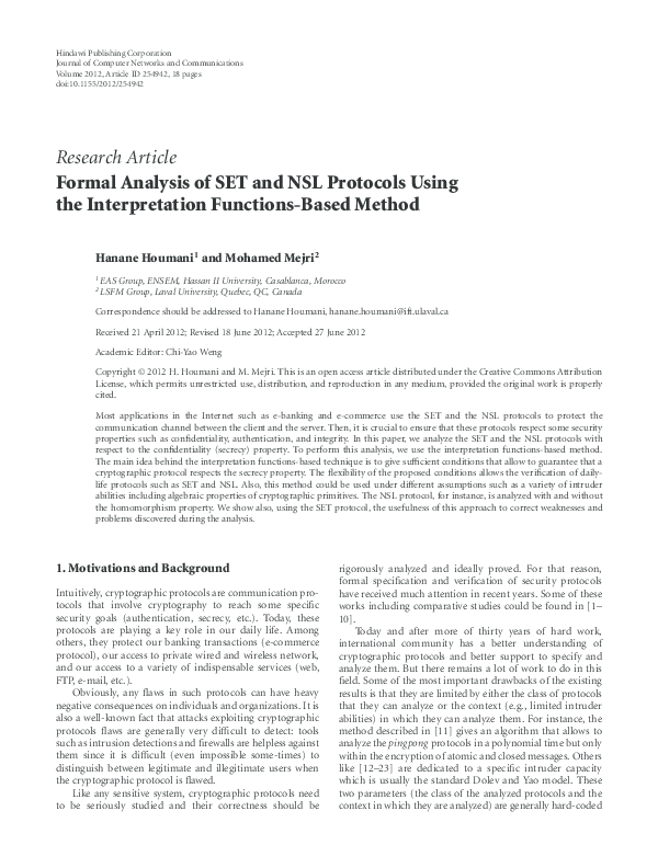 (PDF) Formal Analysis of SET and NSL Protocols Using the Interpretation Functions-Based Method ...