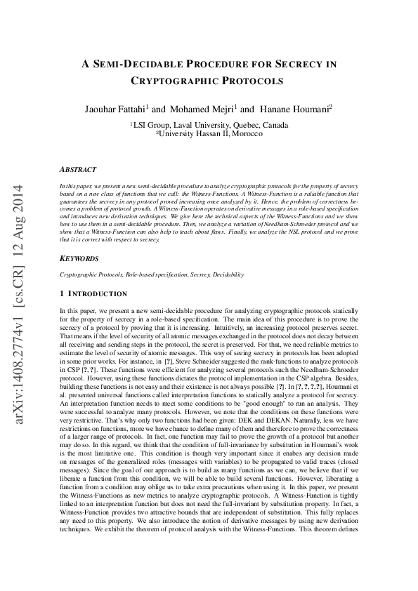 (PDF) A Semi-Decidable Procedure for Secrecy in Cryptographic Protocols