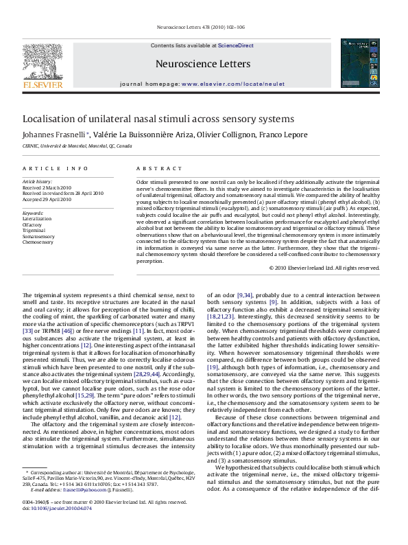 (PDF) Localisation of unilateral nasal stimuli across sensory systems