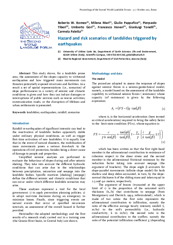 (PDF) Hazard and Risk Scenarios of Landslides Triggered by Earthquakes