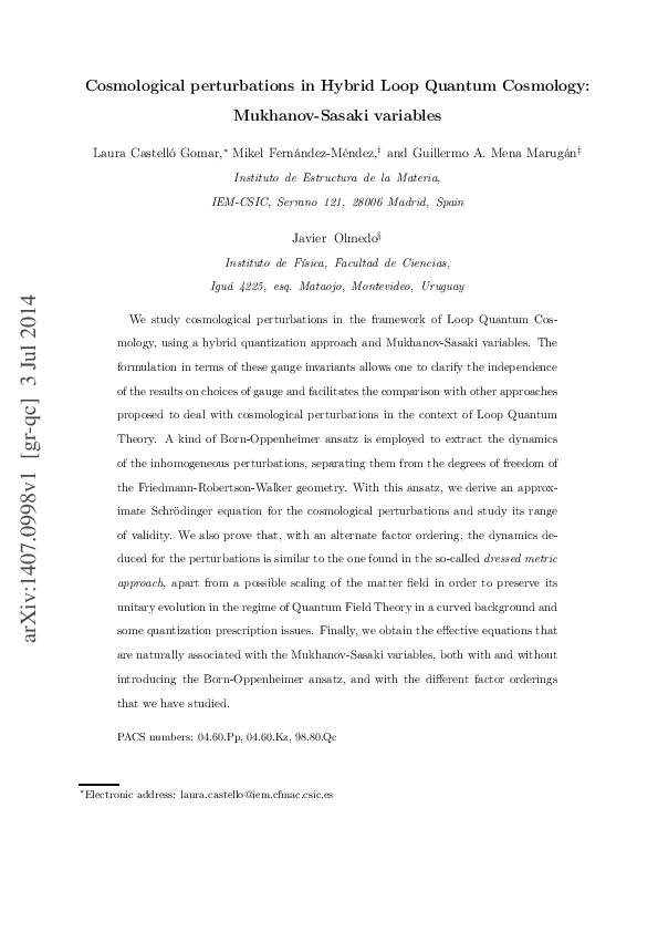 (PDF) Cosmological perturbations in hybrid loop quantum cosmology: Mukhanov-Sasaki variables