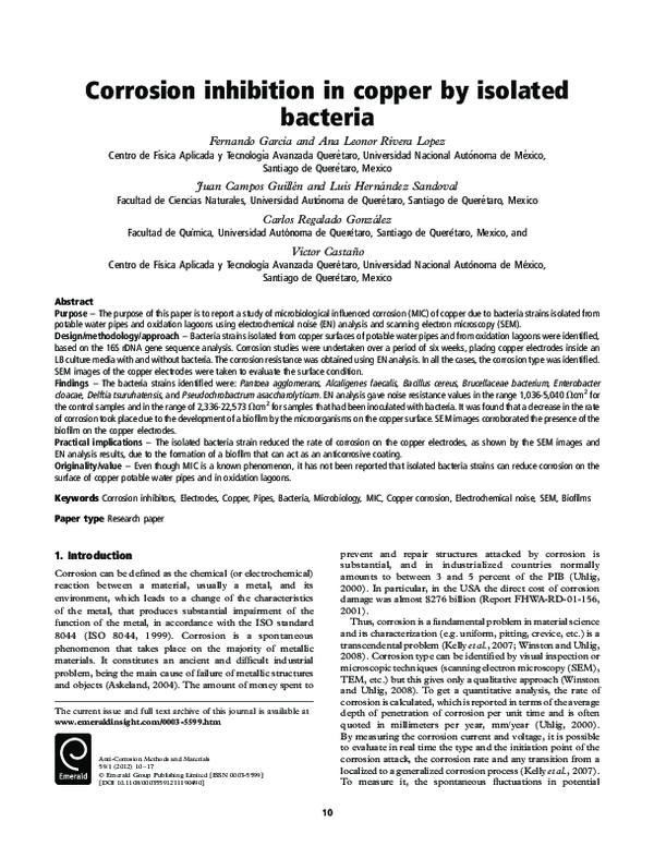 (PDF) Corrosion inhibition in copper by isolated bacteria | Luis ...