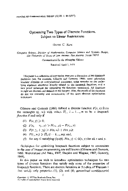 (PDF) Optimizing two types of discrete functions, subject to linear ...