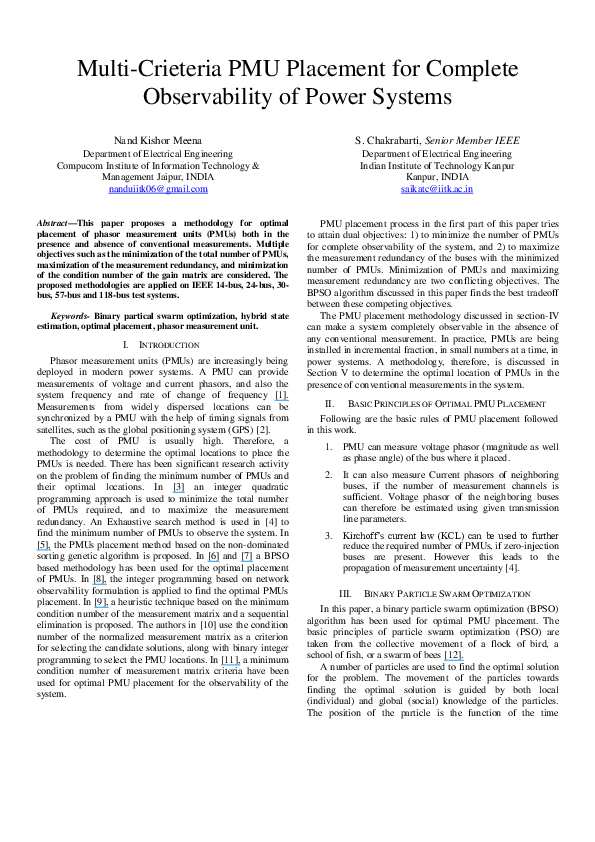 (PDF) Multi-Criteria PMU Placement for Observability of Power Systems