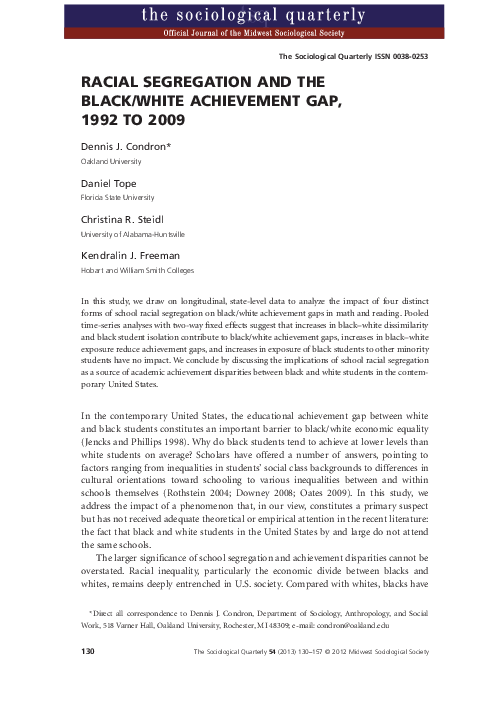 (PDF) Racial Segregation and the Black/White Achievement Gap, 1992 to 2009