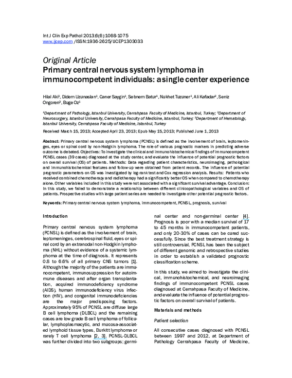 (PDF) Primary central nervous system lymphoma in immunocompetent individuals: a single center ...