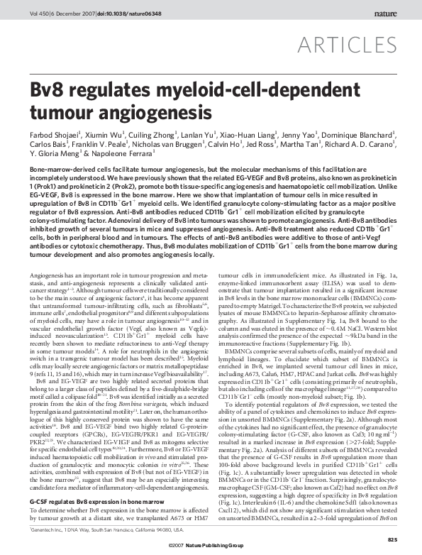 (PDF) Bv8 and Myeloid Cells in Tumour Angiogenesis