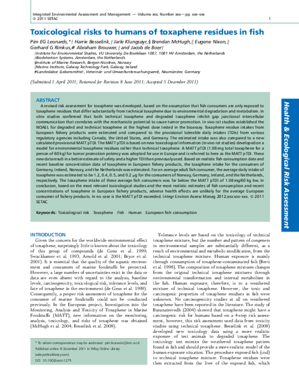 (PDF) Toxicological risks to humans of toxaphene residues in fish